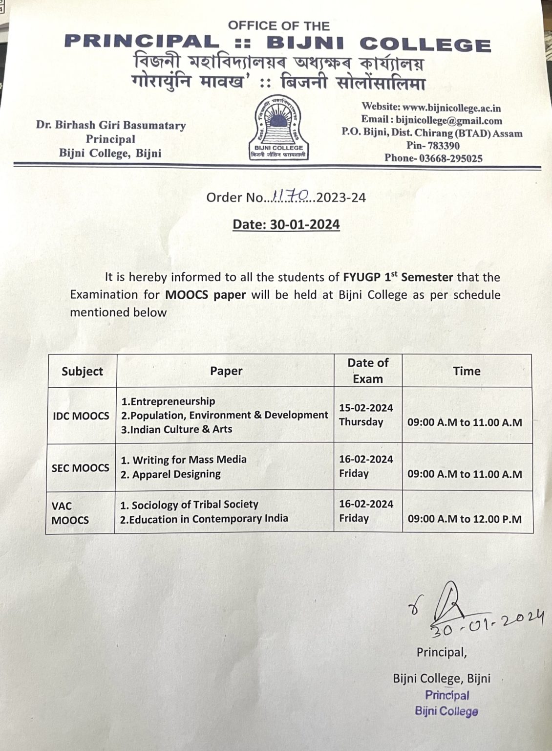Examination schedule for MOOCS Subjects of FYUGP 1st Semester – Bijni ...